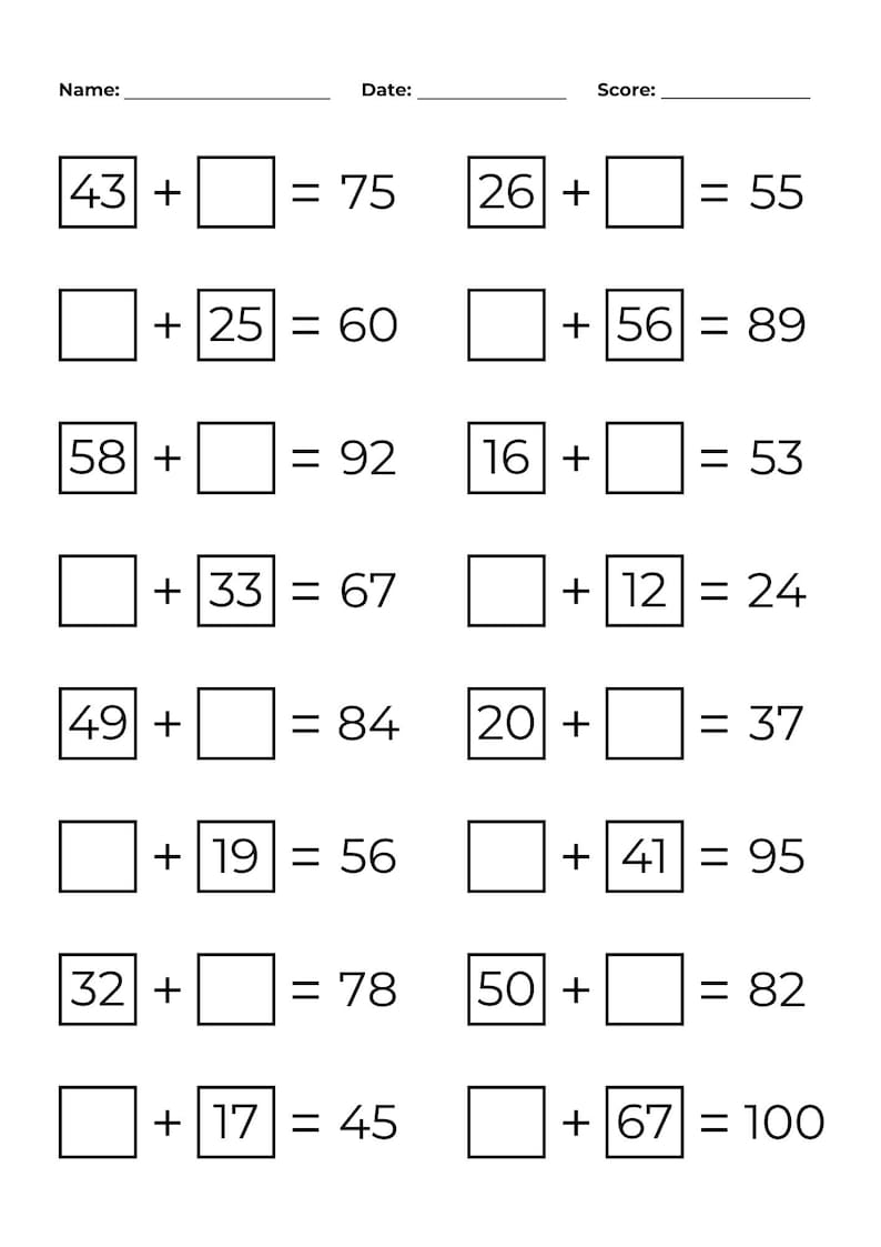 10 Printable Missing Addends Worksheets: Addition to 100 (PDF Pattern ...