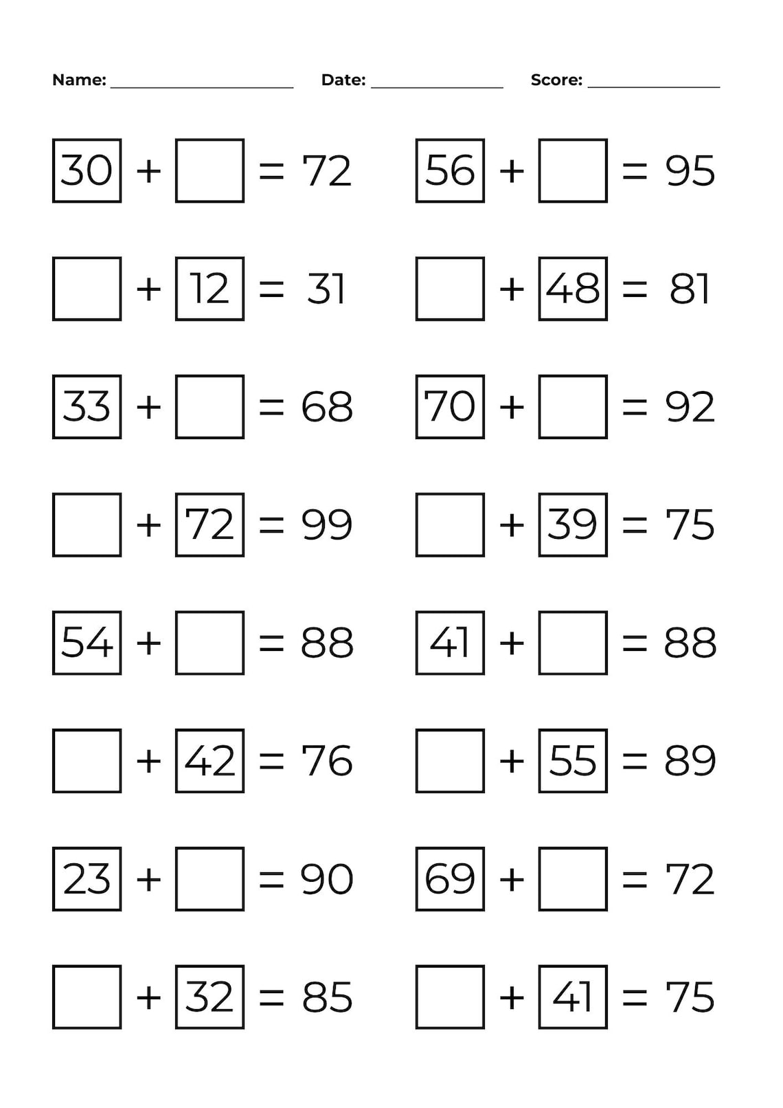 10 Printable Missing Addends Worksheets: Addition to 100 (PDF Pattern ...