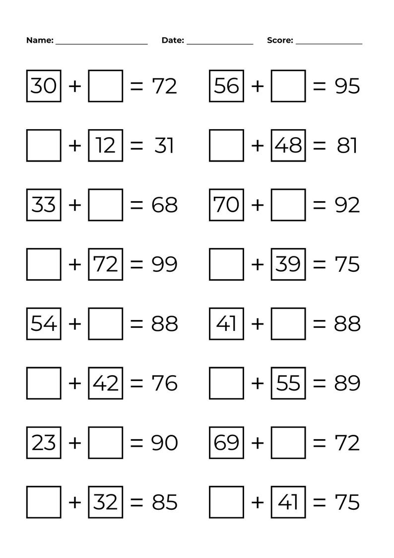 10 Printable Missing Addends Worksheets – Addition to 100, Fill in the ...