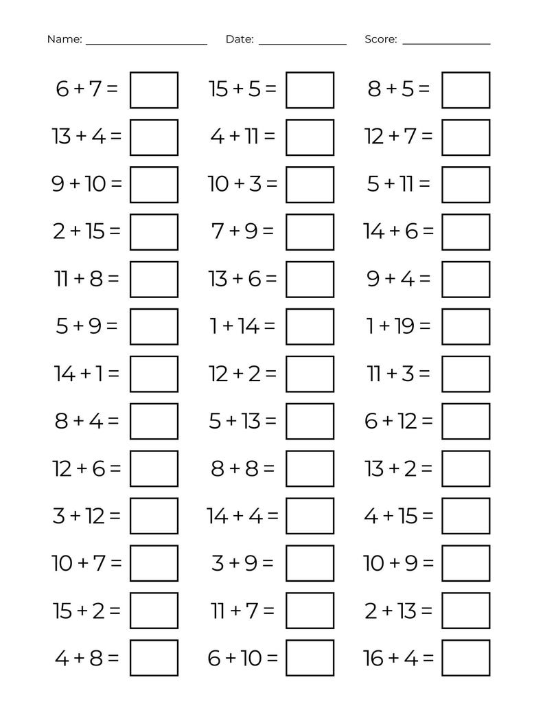 10 Printable Adding to 20 Worksheets - Simple Addition One Digit ...