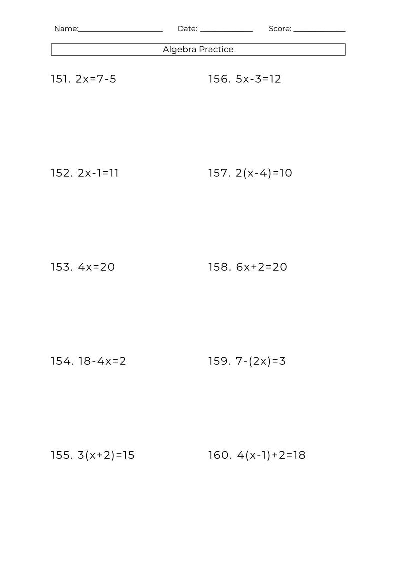 10 Printable Basic Algebra Worksheets: Solving Algebraic Equations ...