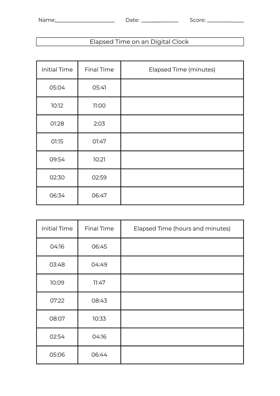 10 Printable Elapsed Time Worksheets: Analog & Digital Clock Practice ...
