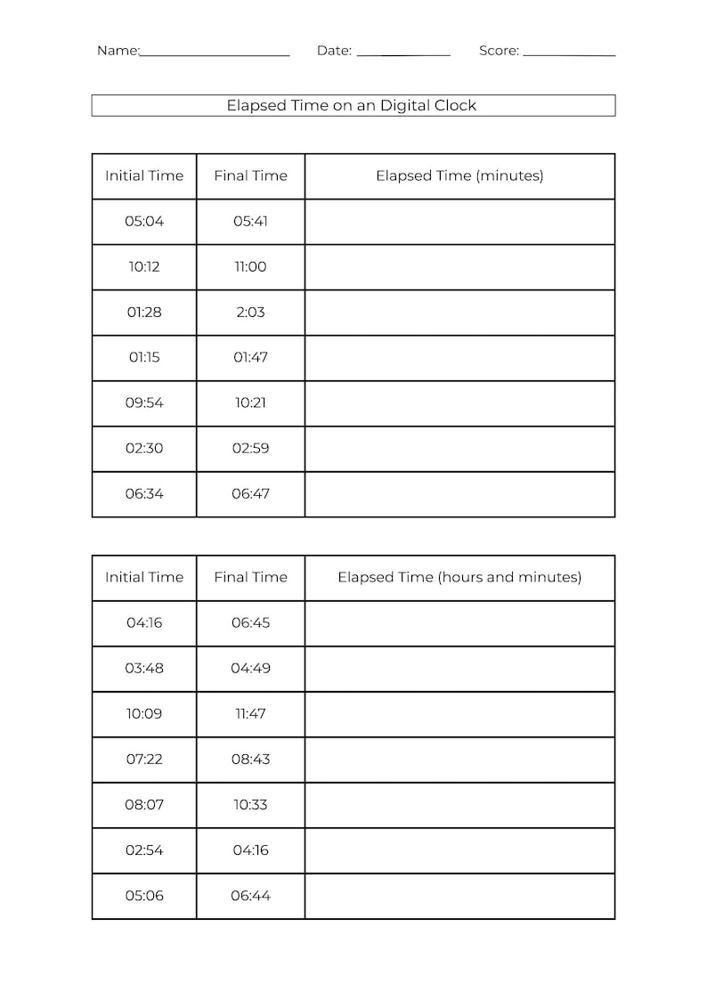 10 Printable Elapsed Time Worksheets: Analog & Digital Clock Practice ...