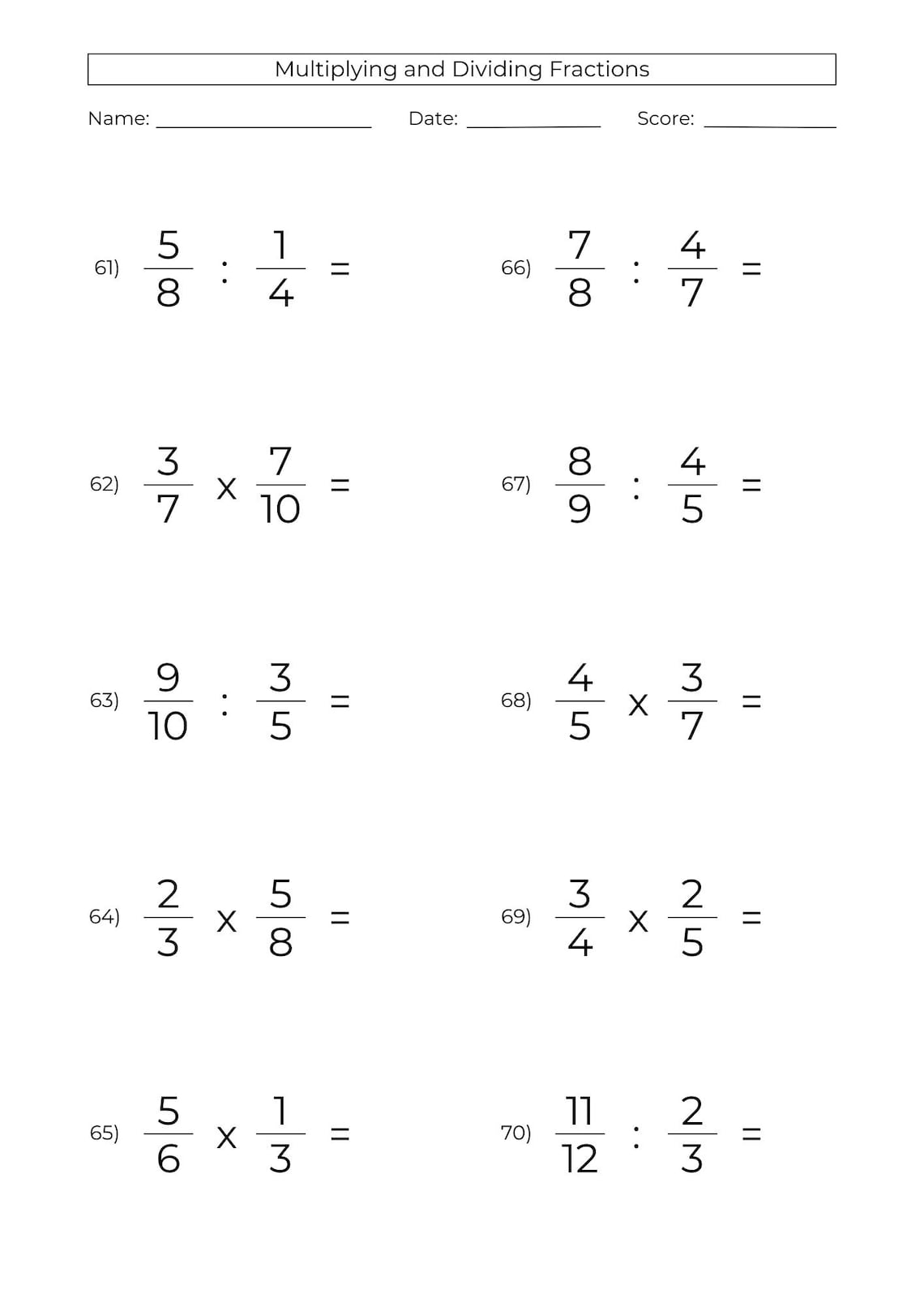 10 Printable Multiplying Fractions and Dividing Fractions Worksheets ...