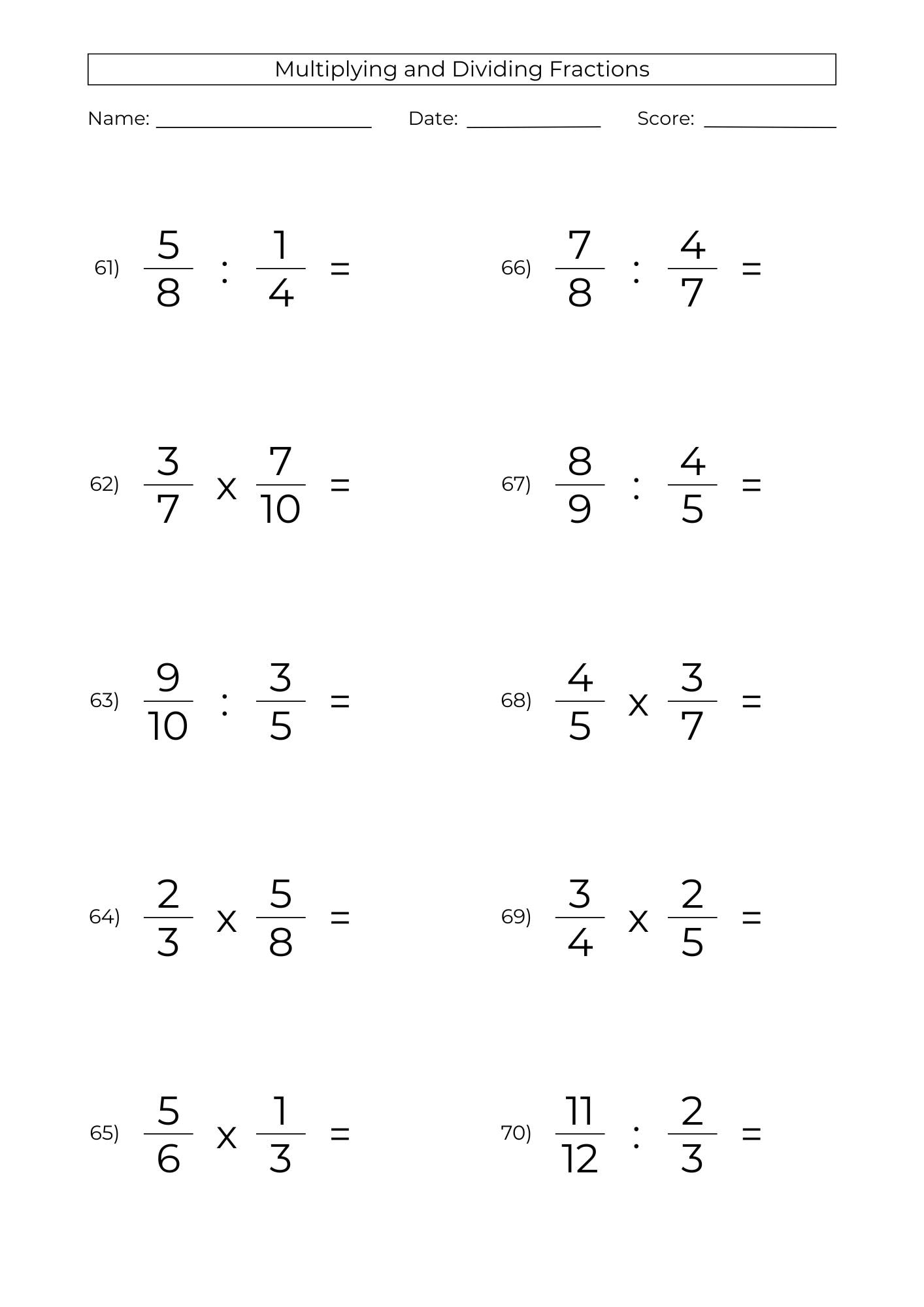 10 Printable Multiplying Fractions and Dividing Fractions Worksheets ...