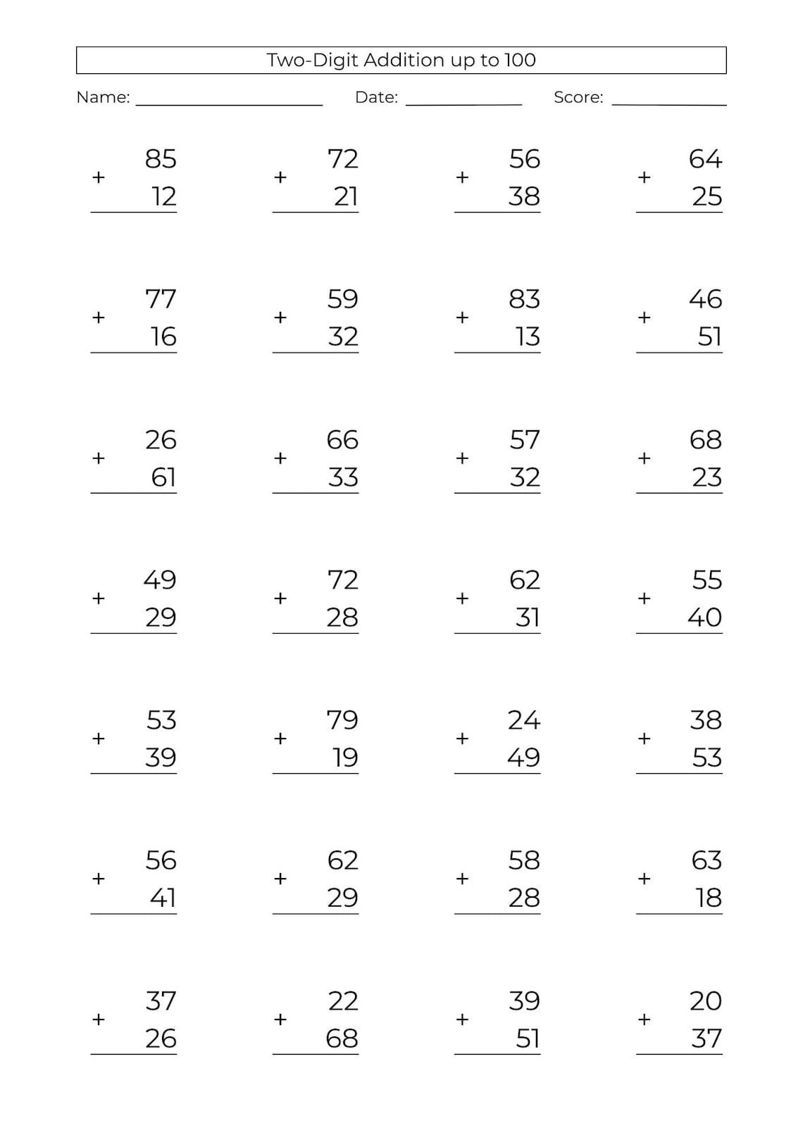 10 Printable Double Digit Addition Worksheets to 100 (PDF) - Etsy