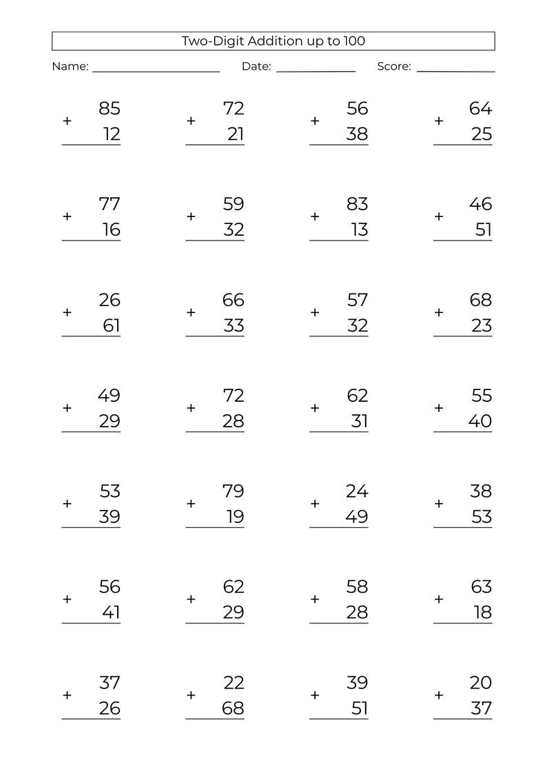 10 Printable Double Digit Addition Worksheets to 100 (PDF) - Etsy
