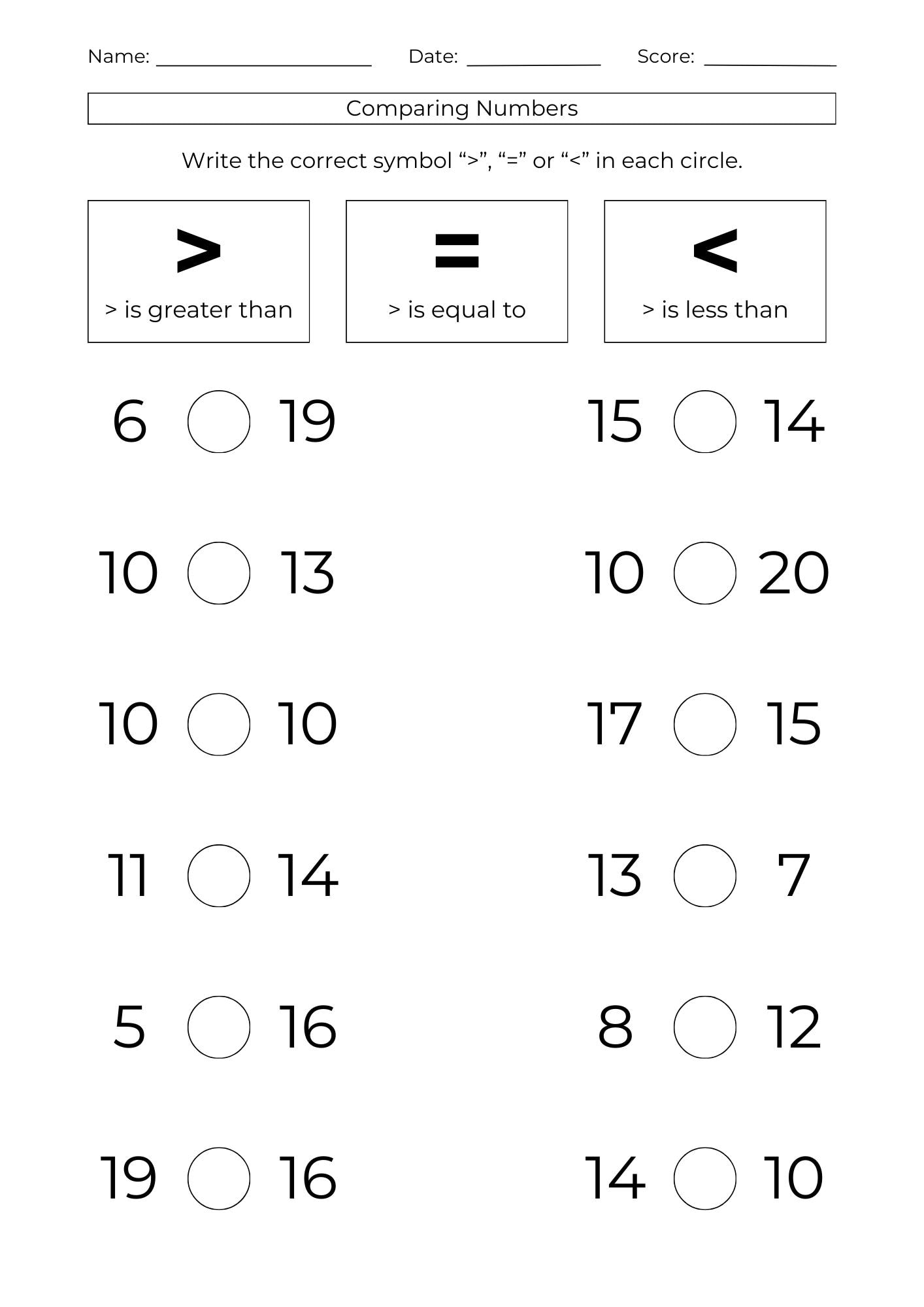 10 Printable Greater Than Less Than Equal Worksheets – Compare the ...