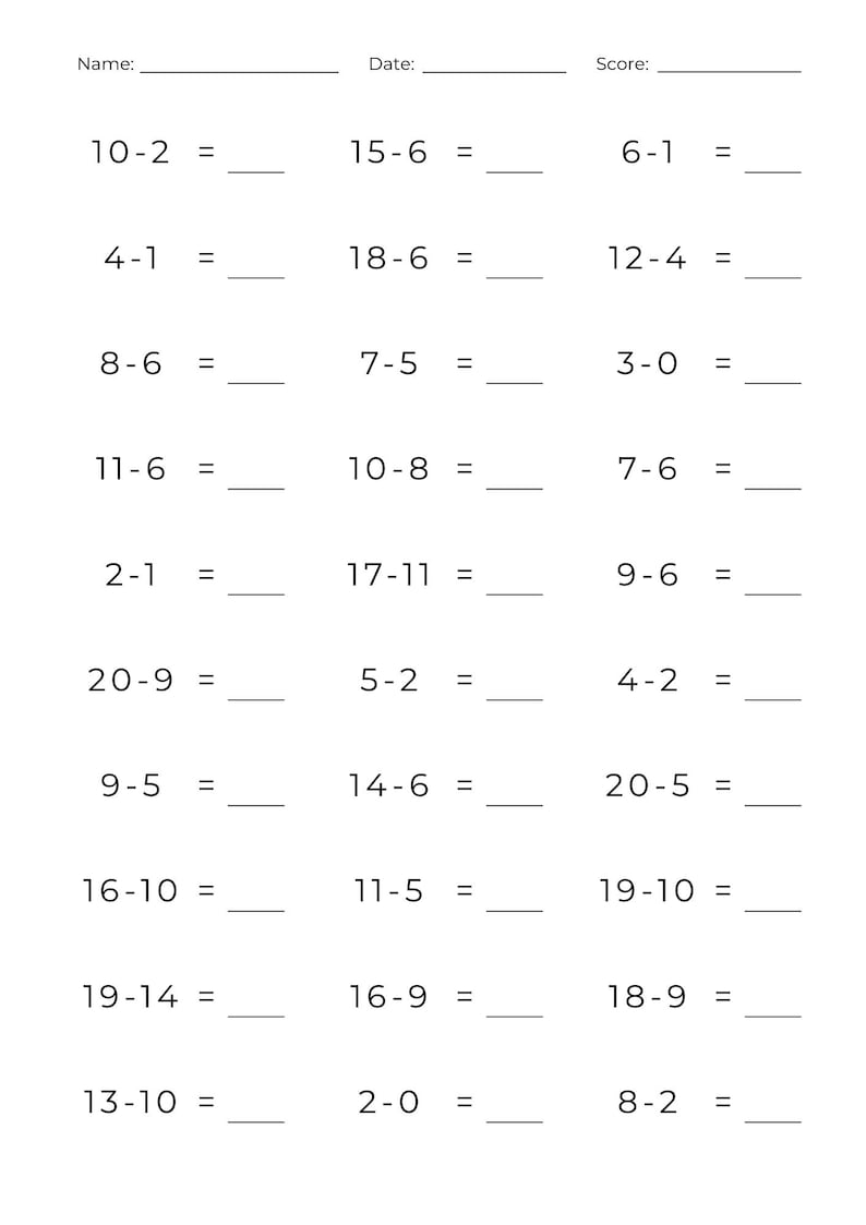 10 Printable Subtraction Worksheets to 20: Math Activity for Preschool ...