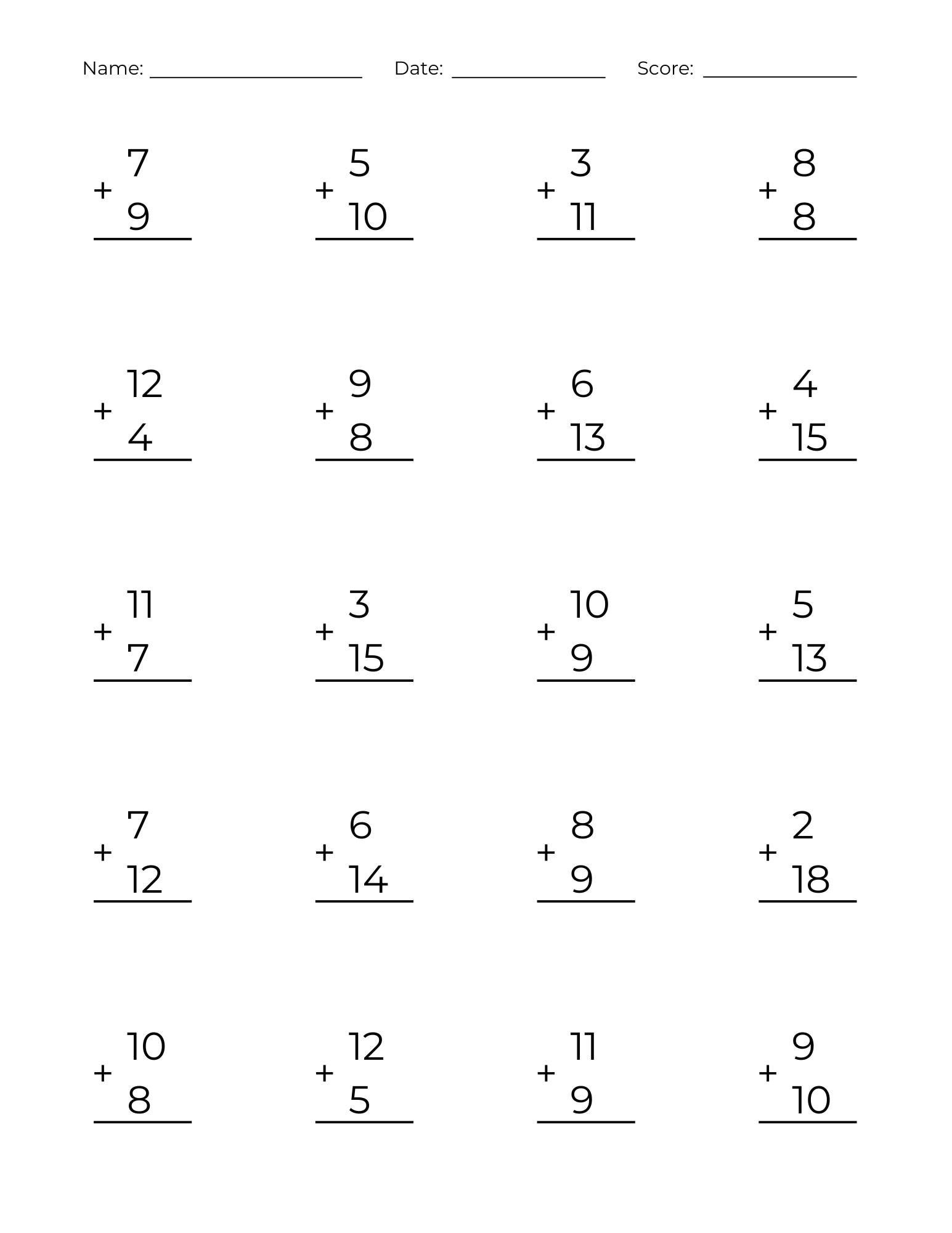 10 Printable Addition to 20 Worksheets Column Addition Drills ...
