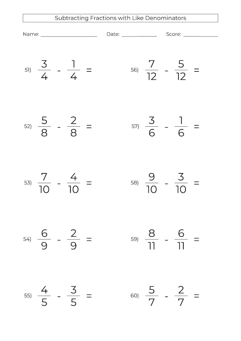 10 Printable Adding & Subtracting Fractions Worksheets: 4th-5th Grade ...