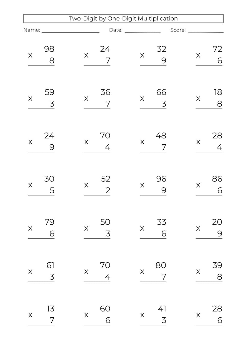 10 Printable 2 Digit by 1 Digit Multiplication Worksheets: Mental Math ...