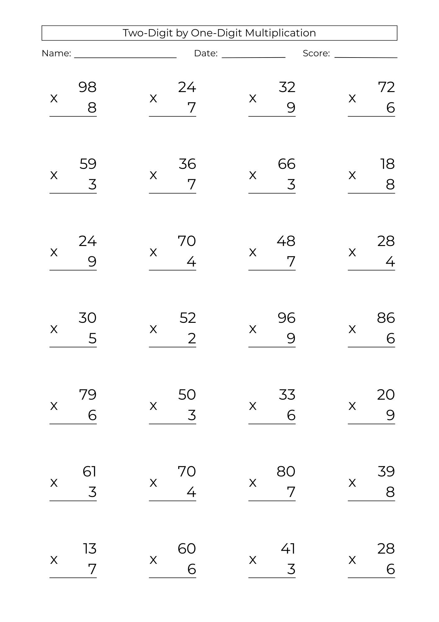 10 Printable 2 Digit by 1 Digit Multiplication Worksheets: Mental Math ...