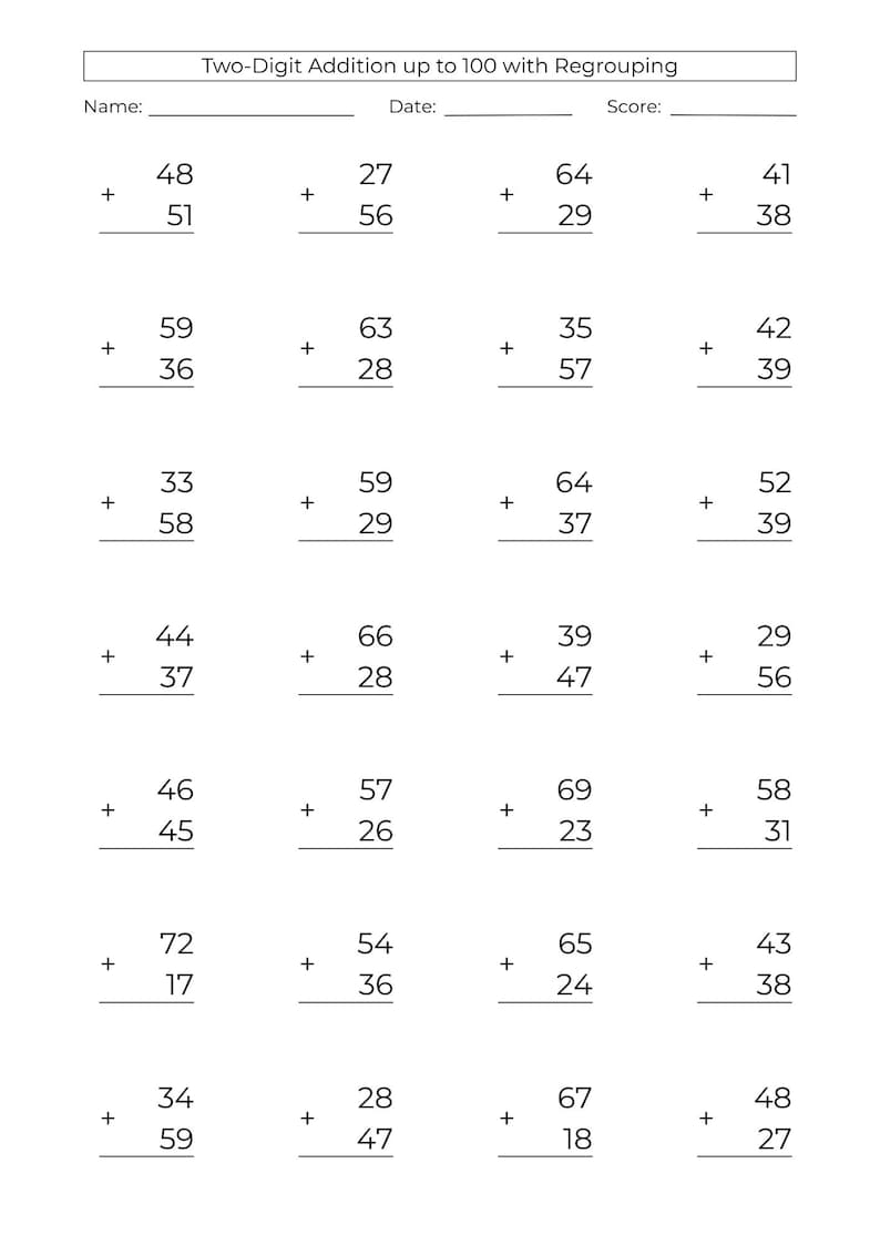 10 Printable Double Digit Addition With Regrouping to 100 Worksheets ...