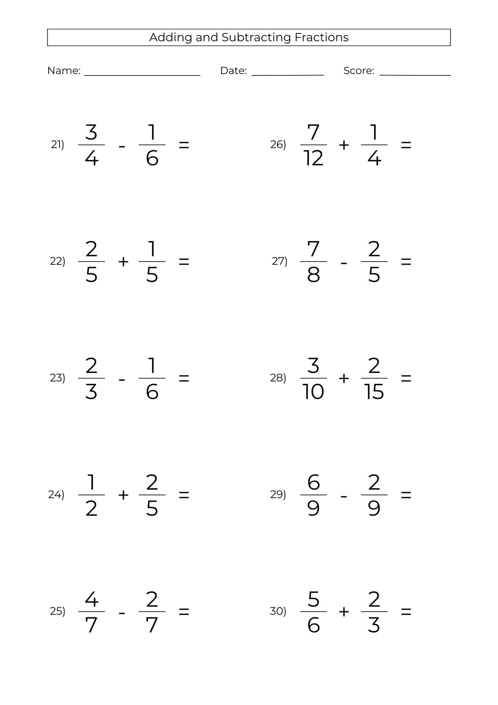 10 Printable Adding & Subtracting Fractions Worksheets: 4th-5th Grade ...