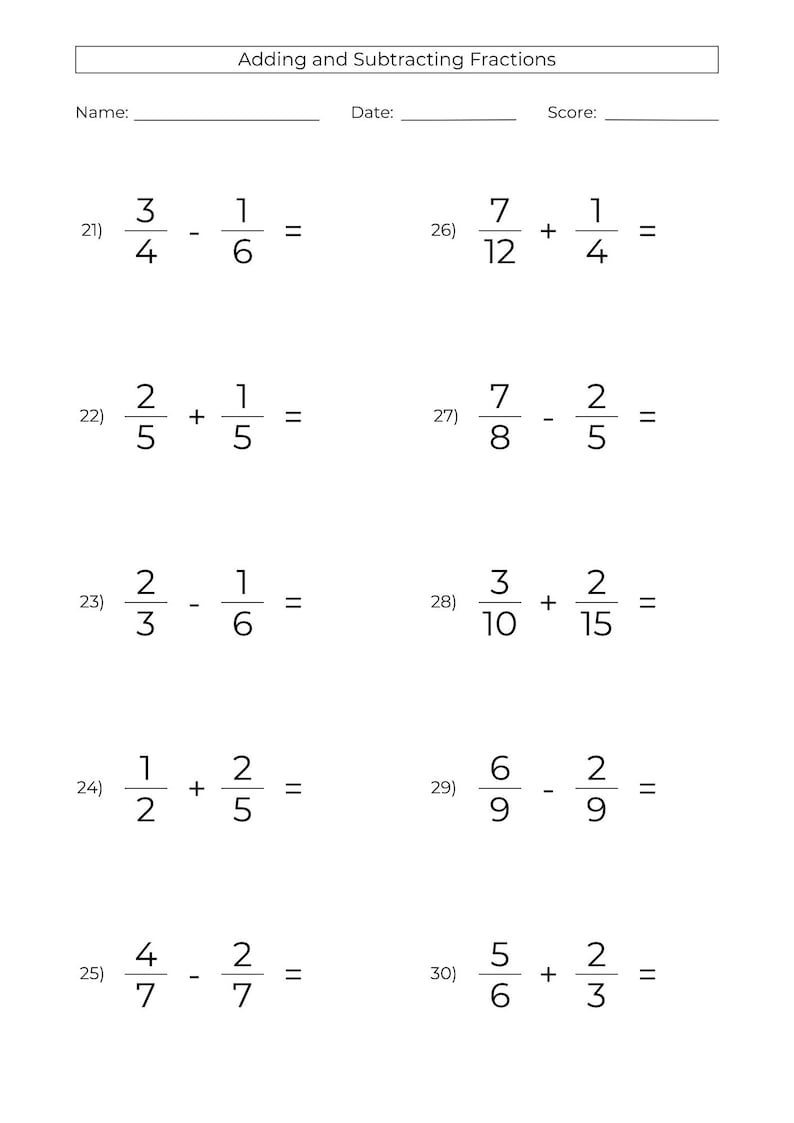 10 Printable Adding & Subtracting Fractions Worksheets: 4th-5th Grade ...