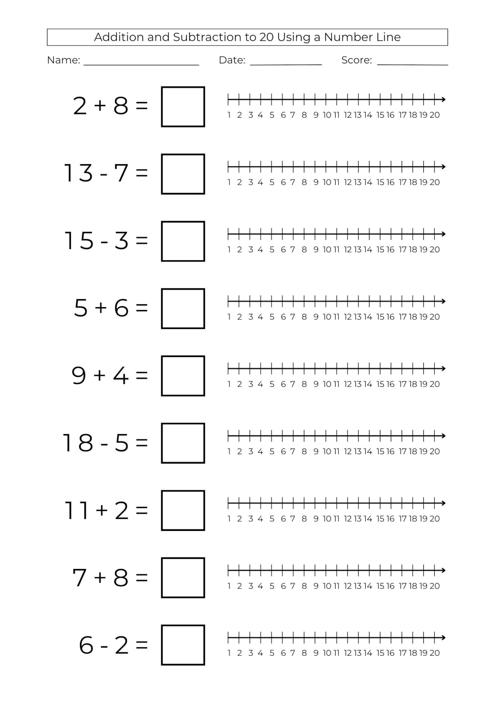 10 Printable Number Line Addition & Subtraction Worksheets: Math to 20 ...