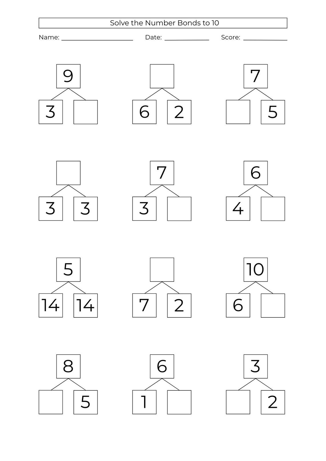 10 Printable Number Bond Worksheets: Fill in the Blanks, Homeschool ...