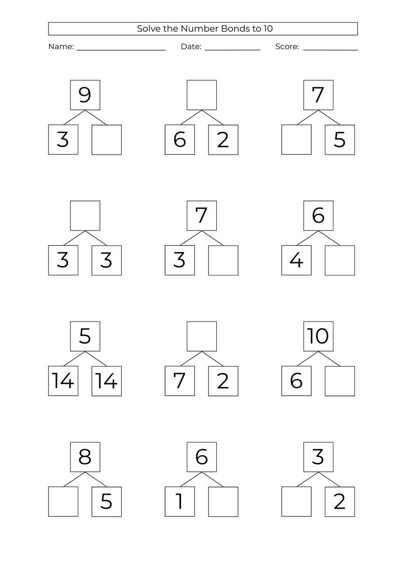 10 Printable Number Bond Worksheets: Fill in the Blanks, Homeschool ...