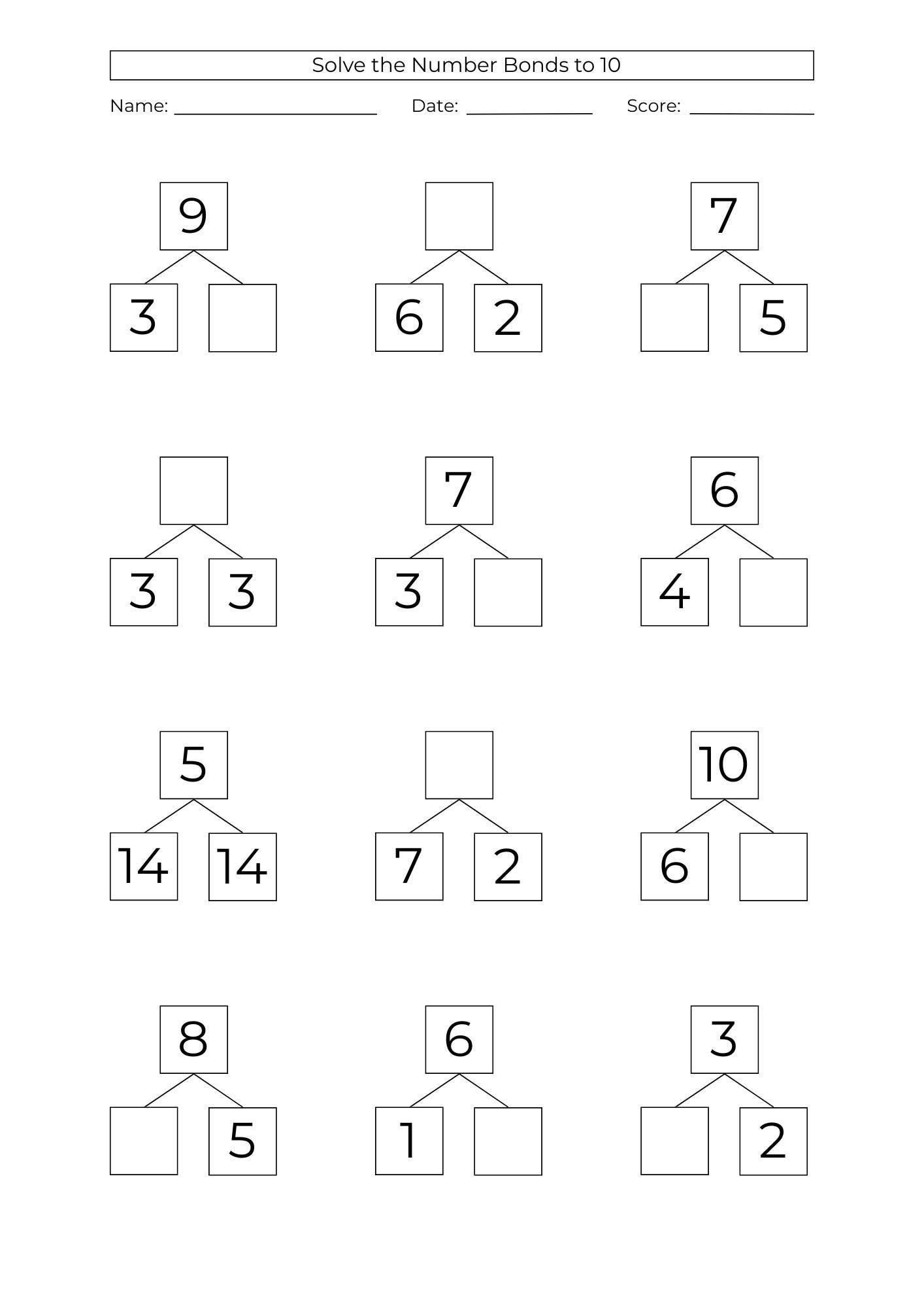 10 Printable Number Bond Worksheets: Fill in the Blanks, Homeschool ...