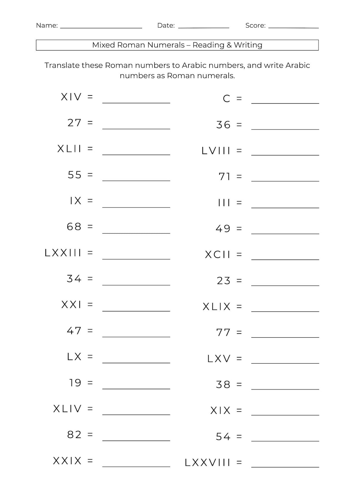 10 Printable Roman Numerals Worksheets: Read, Write, Add & Subtract ...