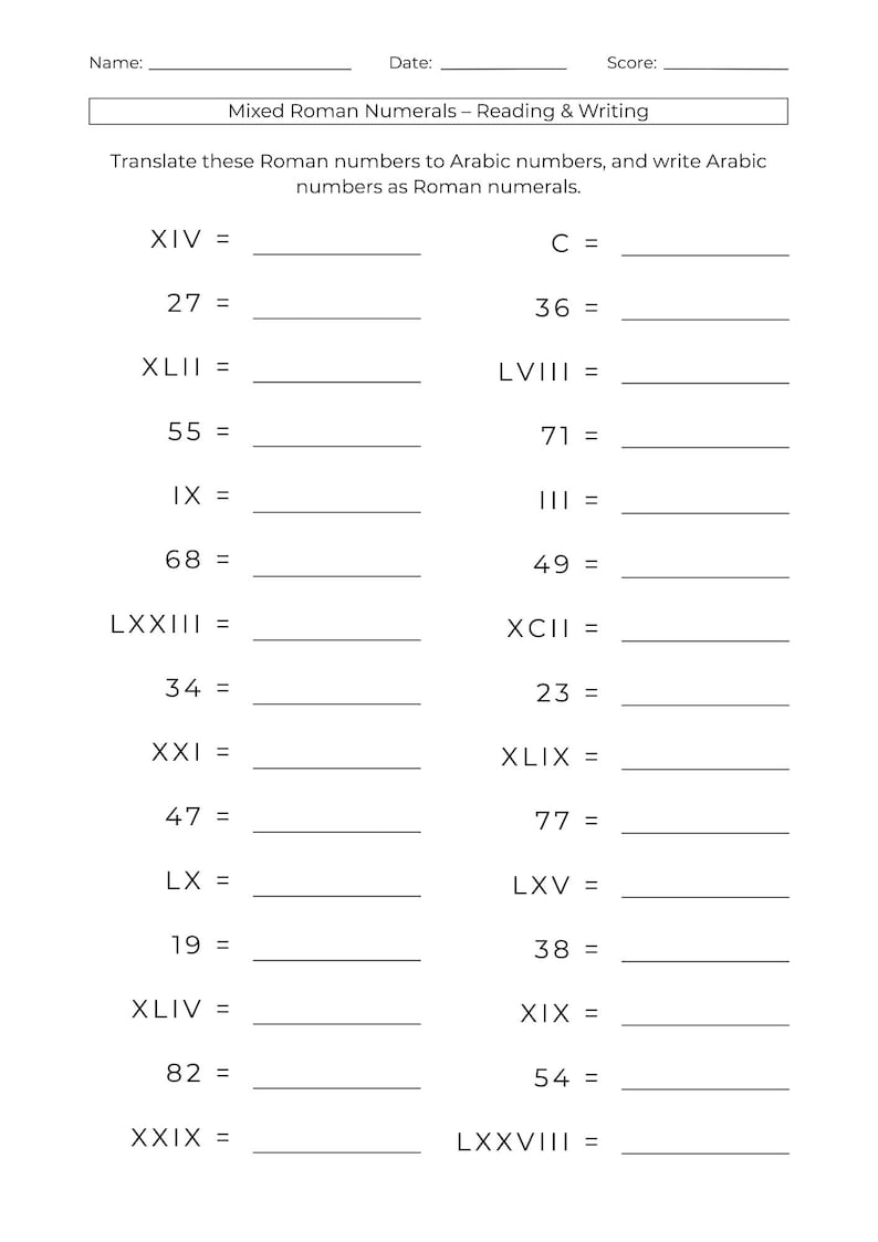 10 Printable Roman Numerals Worksheets: Read, Write, Add & Subtract ...