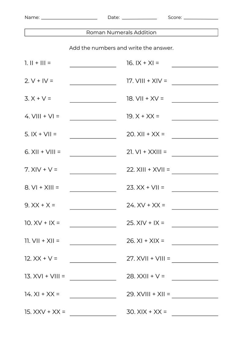 10 Printable Roman Numerals Worksheets: Read, Write, Add & Subtract ...