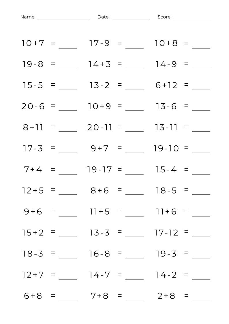 10 Printable Addition Within 20 and Subtraction Within 20 Worksheets ...