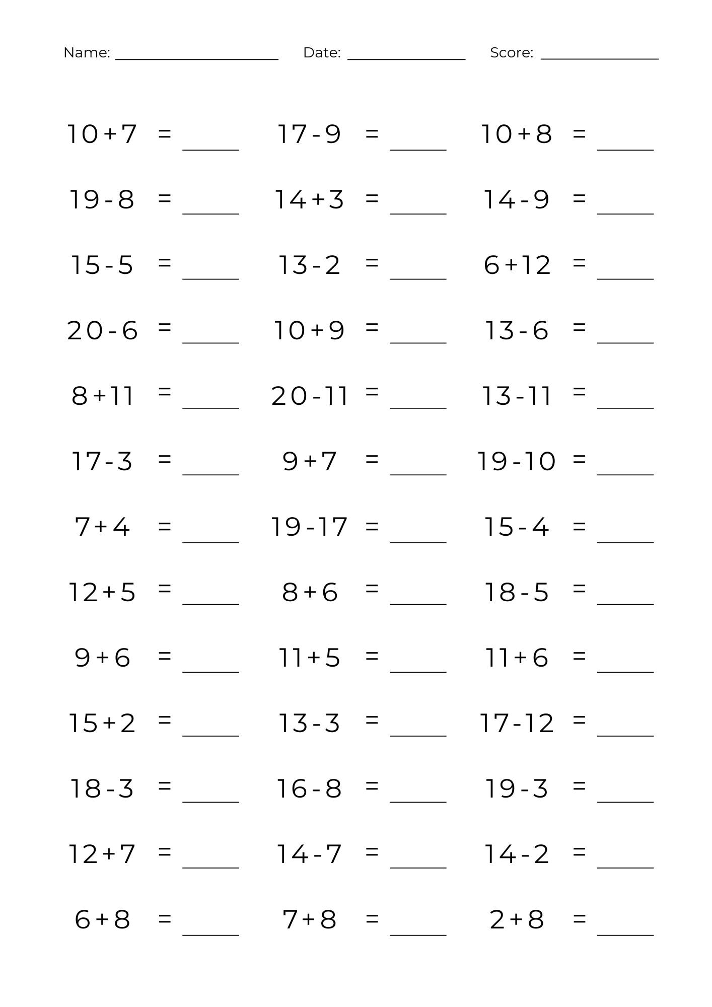 10 Printable Addition Within 20 and Subtraction Within 20 Worksheets ...