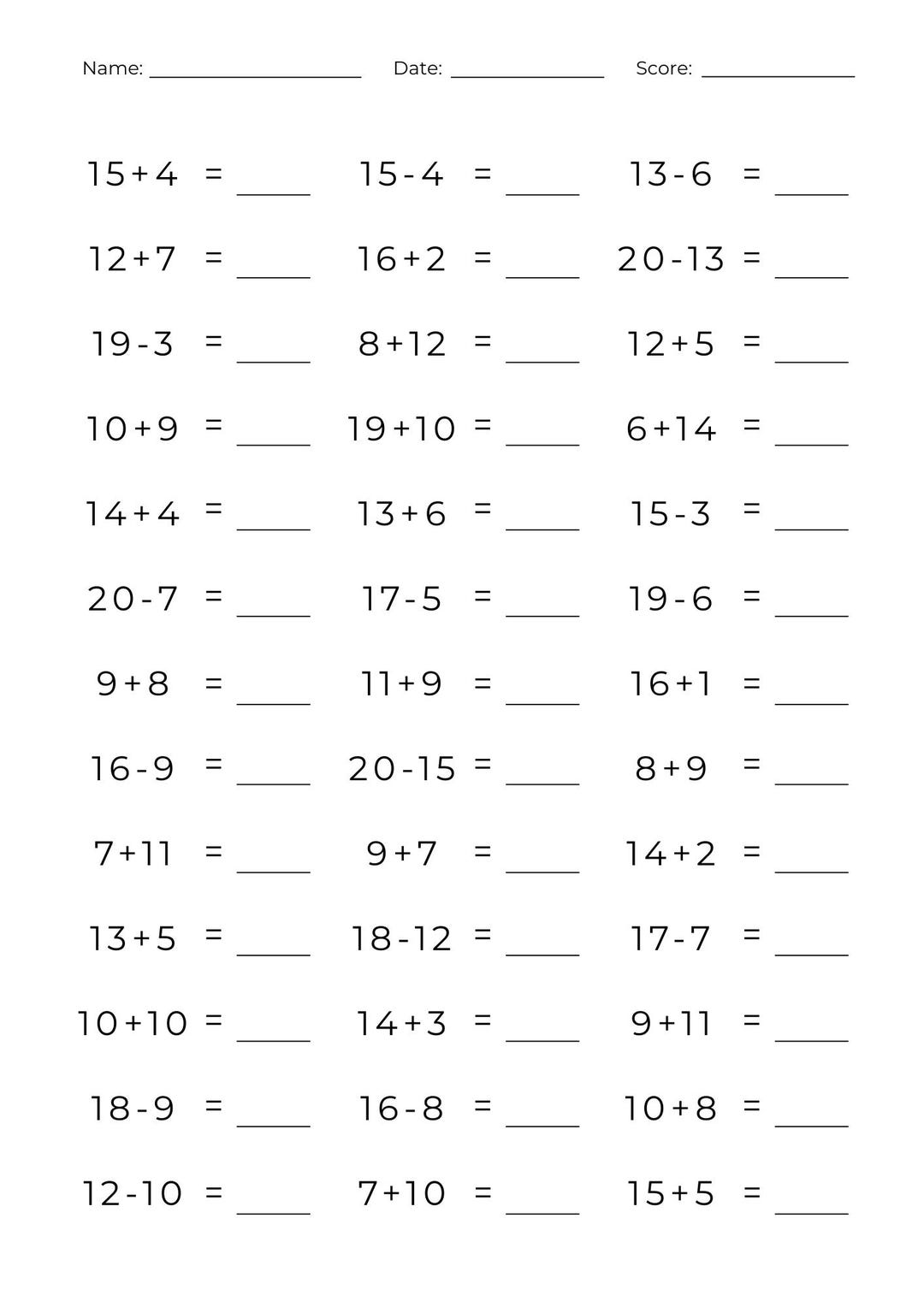 10 Printable Addition to 20 and Subtraction to 20 Worksheets – 1st ...