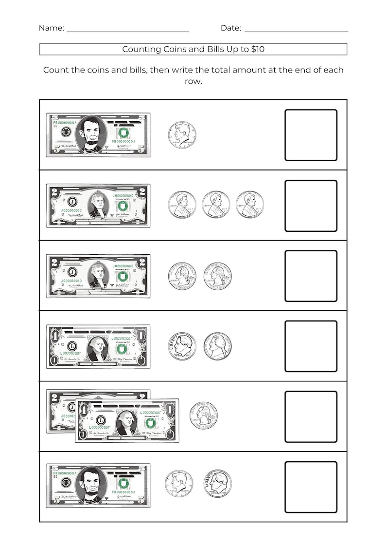 10 Printable Money Counting Worksheets: Coin & Cash Math Activity (PDF ...