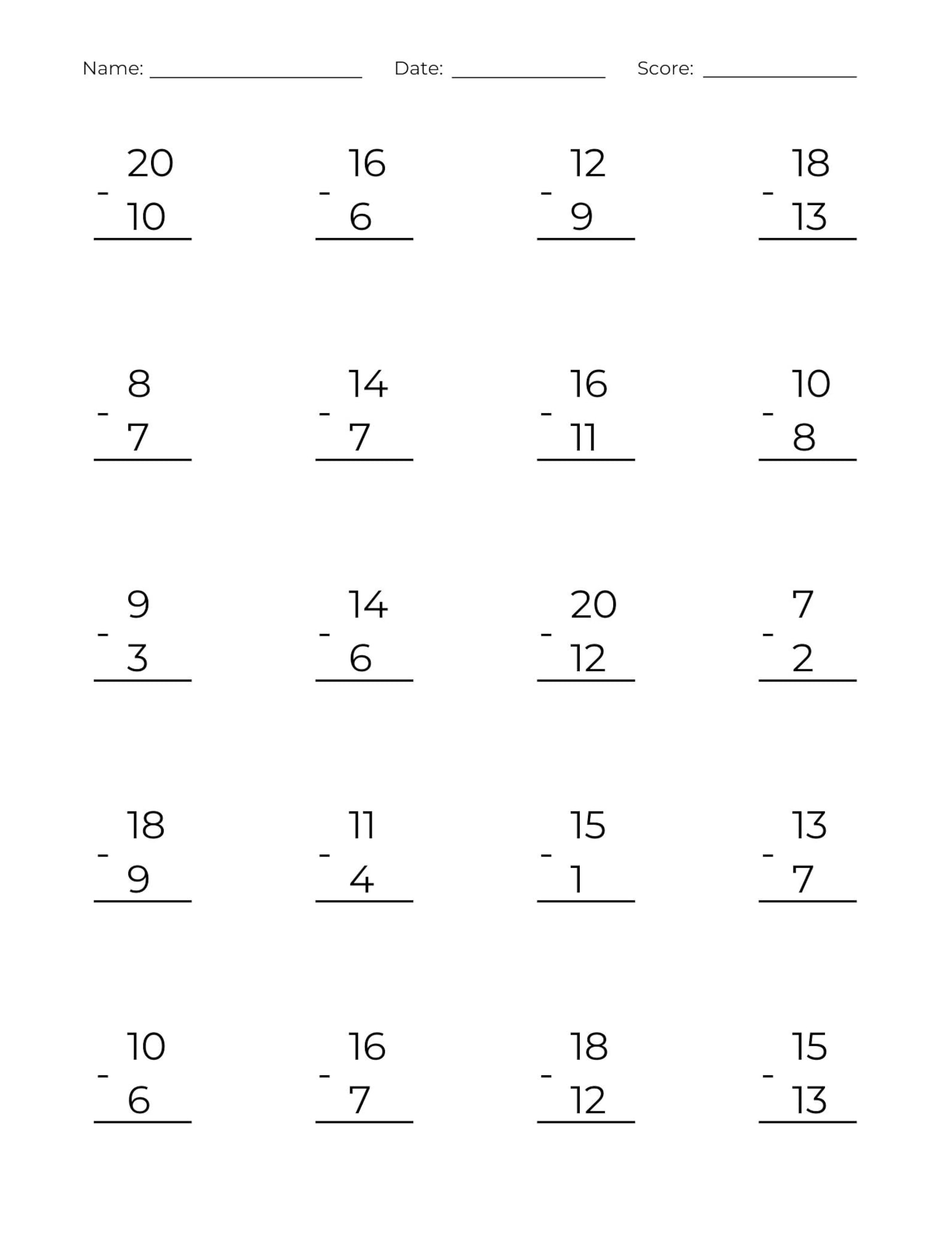 10 Printable Subtraction to 20 Worksheets: Column Drills, 1st Grade ...