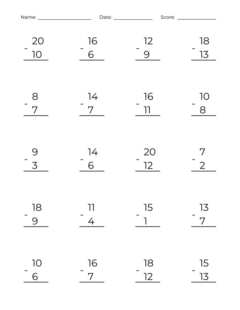 10 Printable Subtraction to 20 Worksheets: Column Drills, 1st Grade ...
