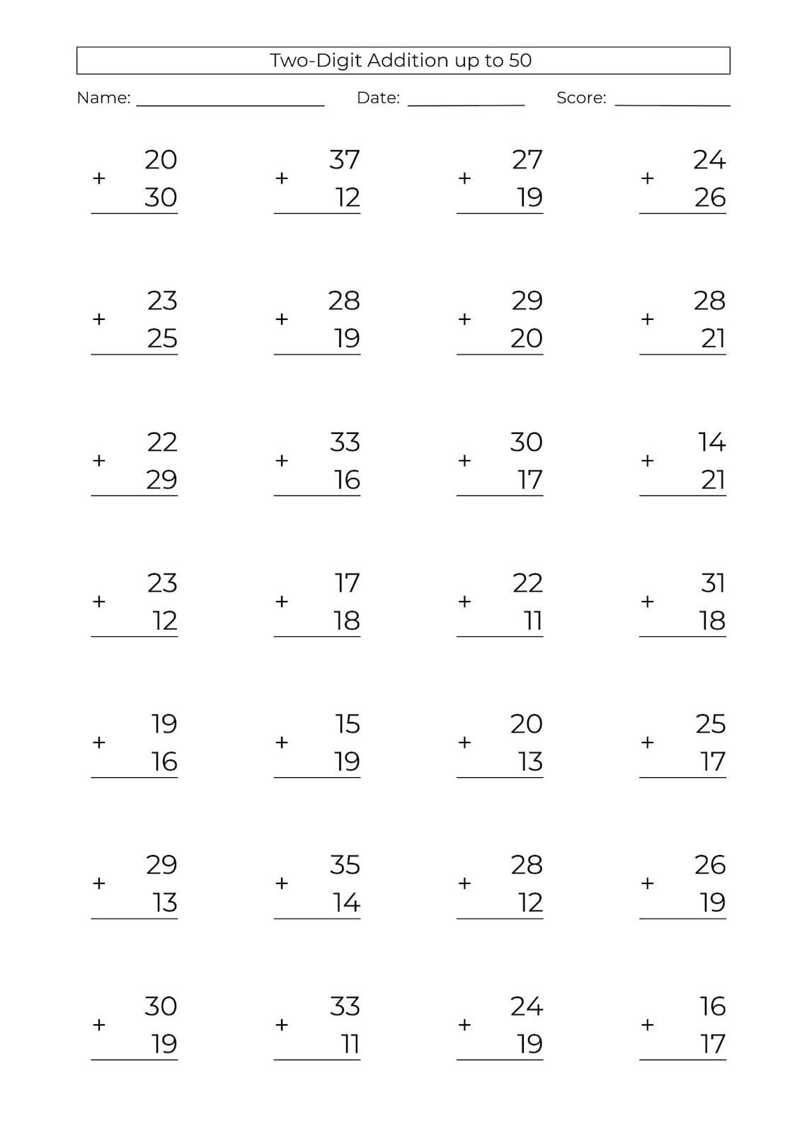 10 Printable Addition to 50 Worksheets – 2 Digit Addition Double Digit ...