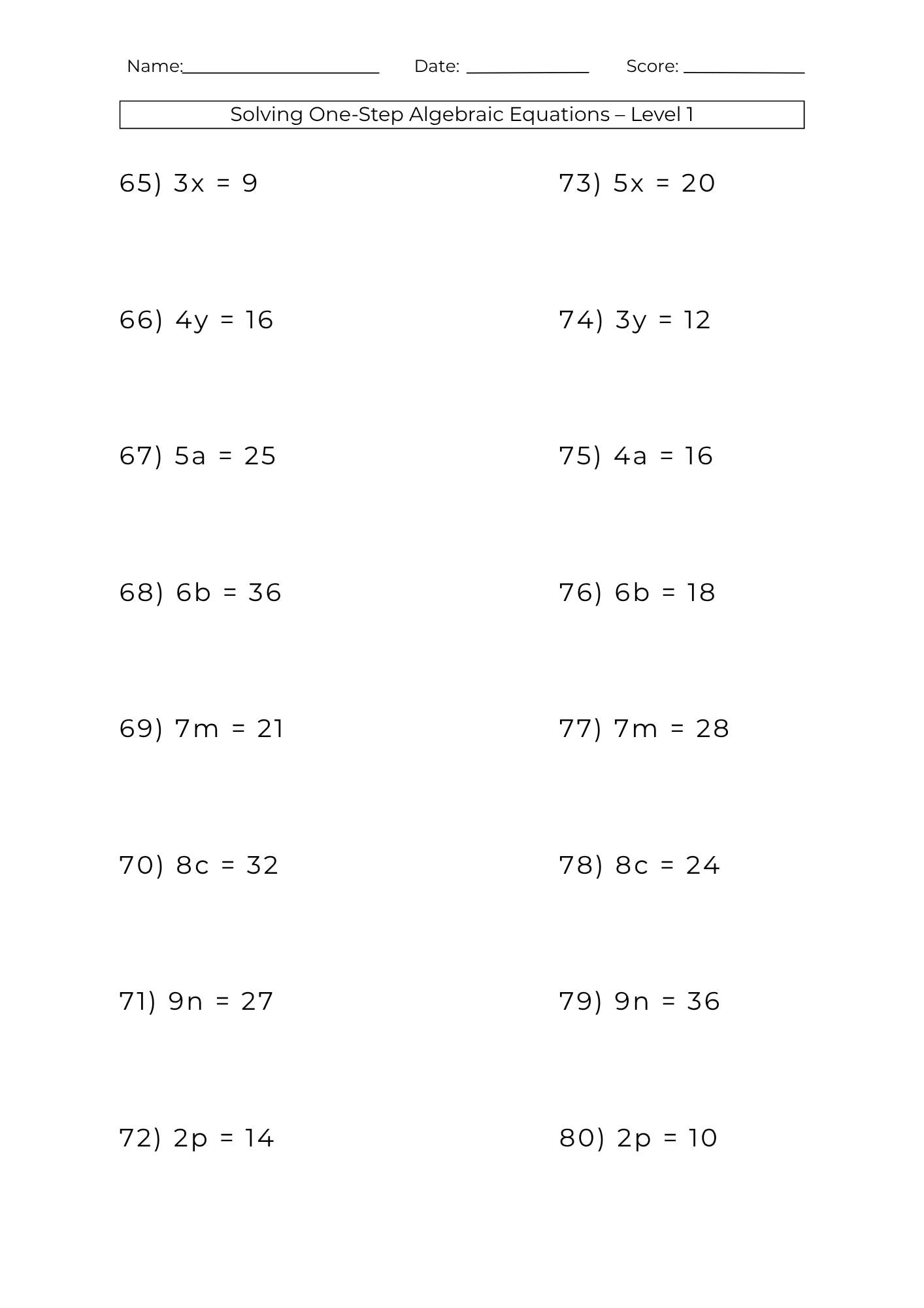 10 Printable One Step Algebra Equation and Two Step Algebra Equations ...