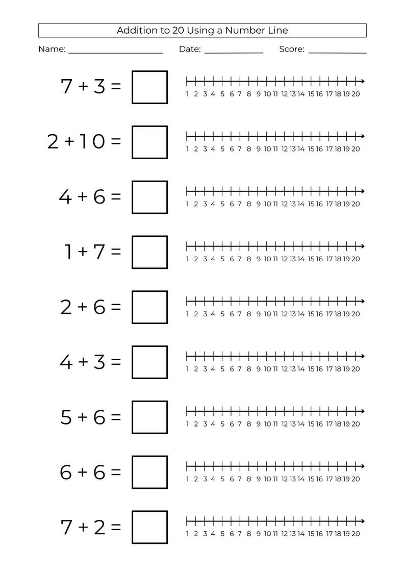 10 Printable Number Line Addition to 20 Worksheets: Beginning Math (PDF ...
