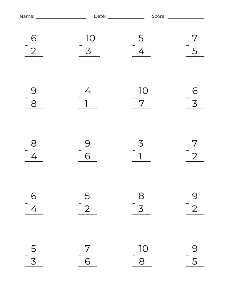 10 Printable Single Digit Subtraction Worksheets: Math Drills to 10 ...