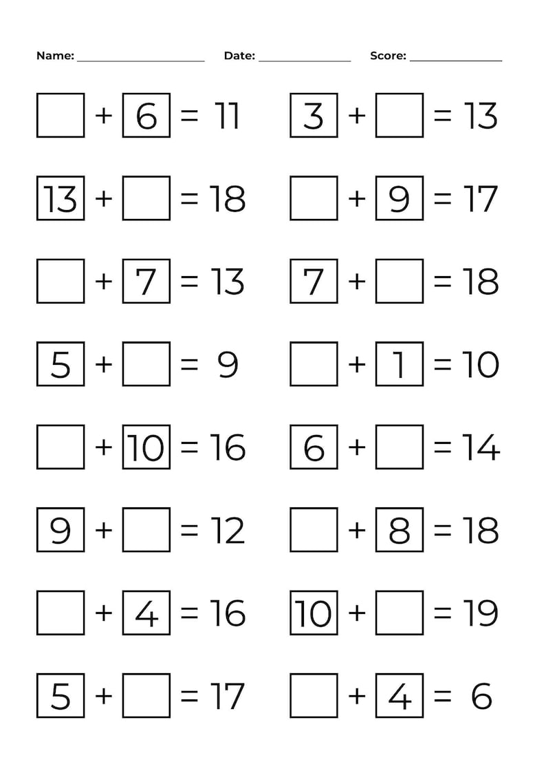 10 Printable Missing Addends Worksheets – Addition Within 20, Fill in ...