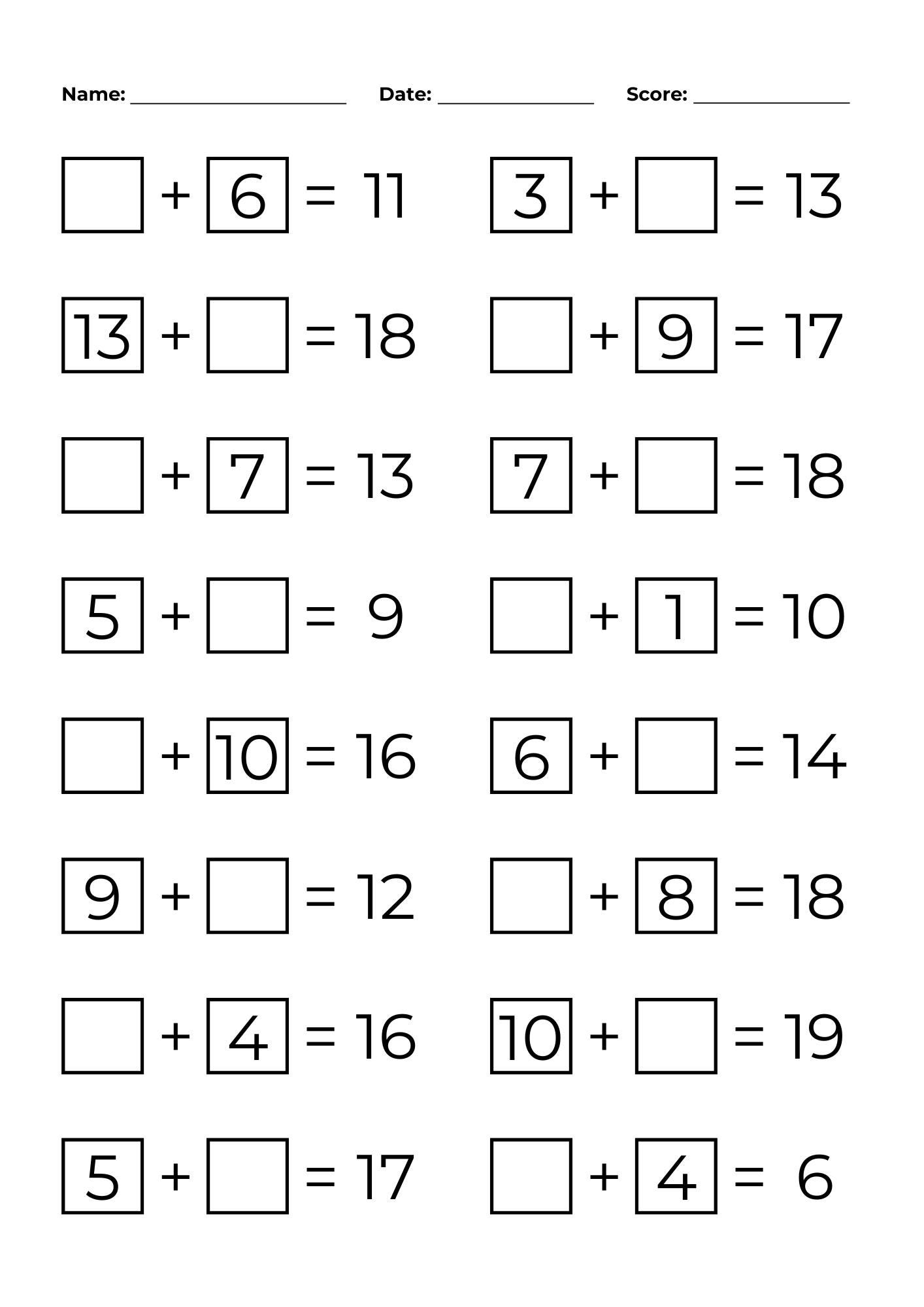 10 Printable Missing Addends Worksheets: Addition to 20 (PDF Printable ...