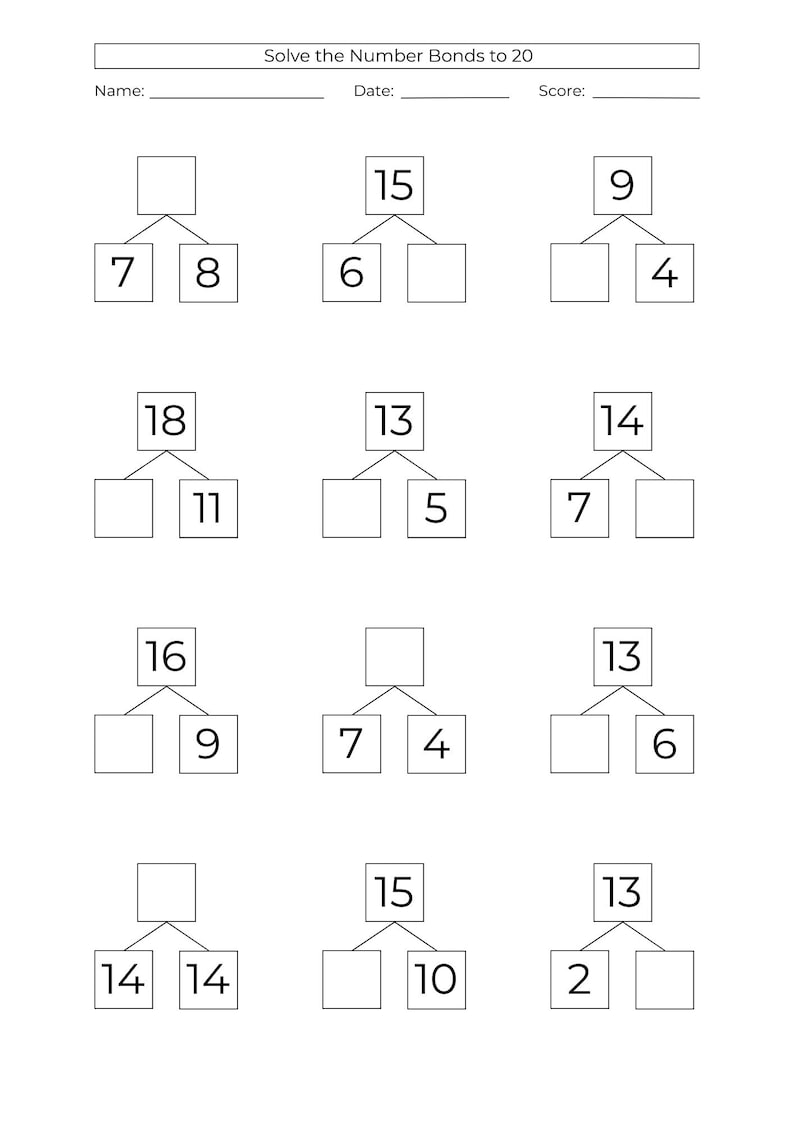 10 Printable Number Bond Worksheets: Fill in the Blanks, Homeschool ...