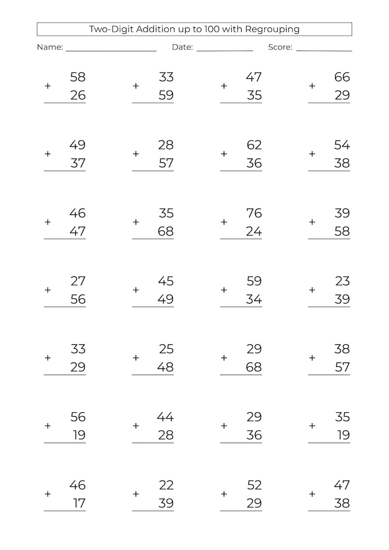 10 Printable Double Digit Addition With Regrouping to 100 Worksheets ...