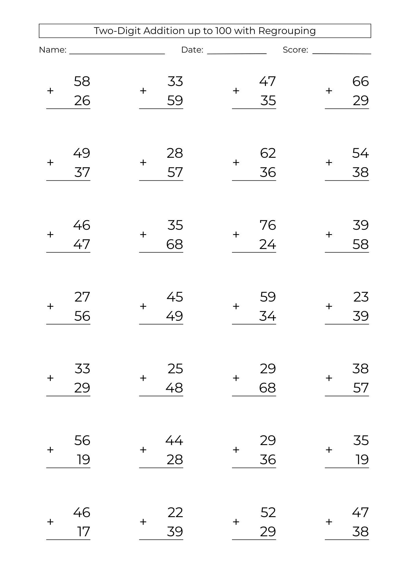 10 Printable Double Digit Addition Worksheets: Regrouping to 100 (PDF ...