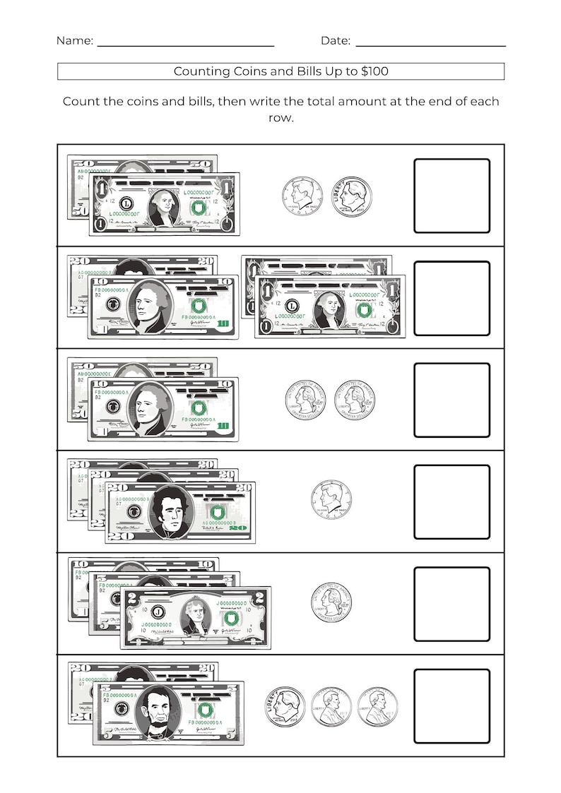 10 Printable Money Counting Worksheets: Coin & Cash Math Activity (PDF ...