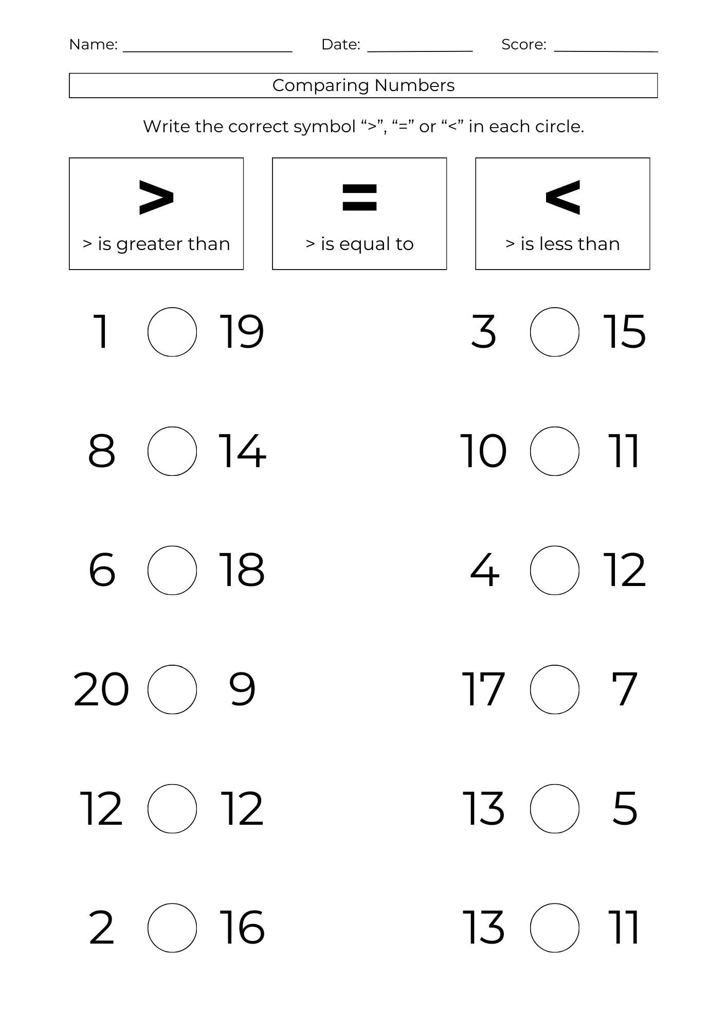 10 Printable Greater Than Less Than Equal Worksheets – Compare the ...