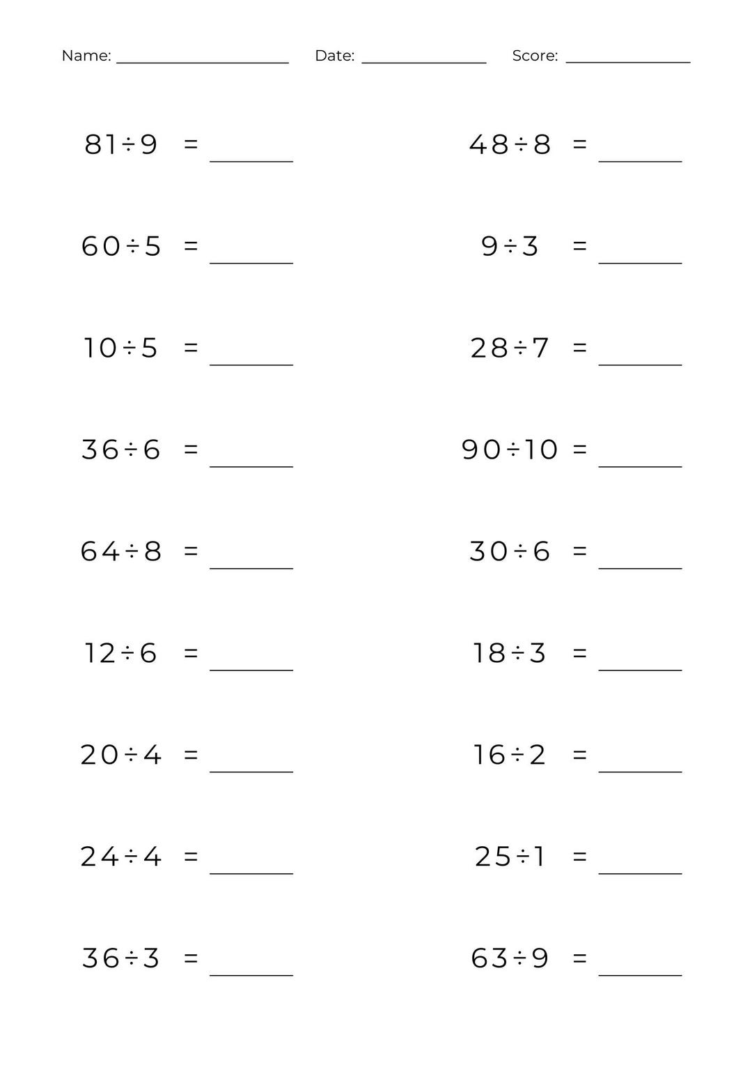 10 Printable Simple Division Worksheets – Basic Math Division Facts ...