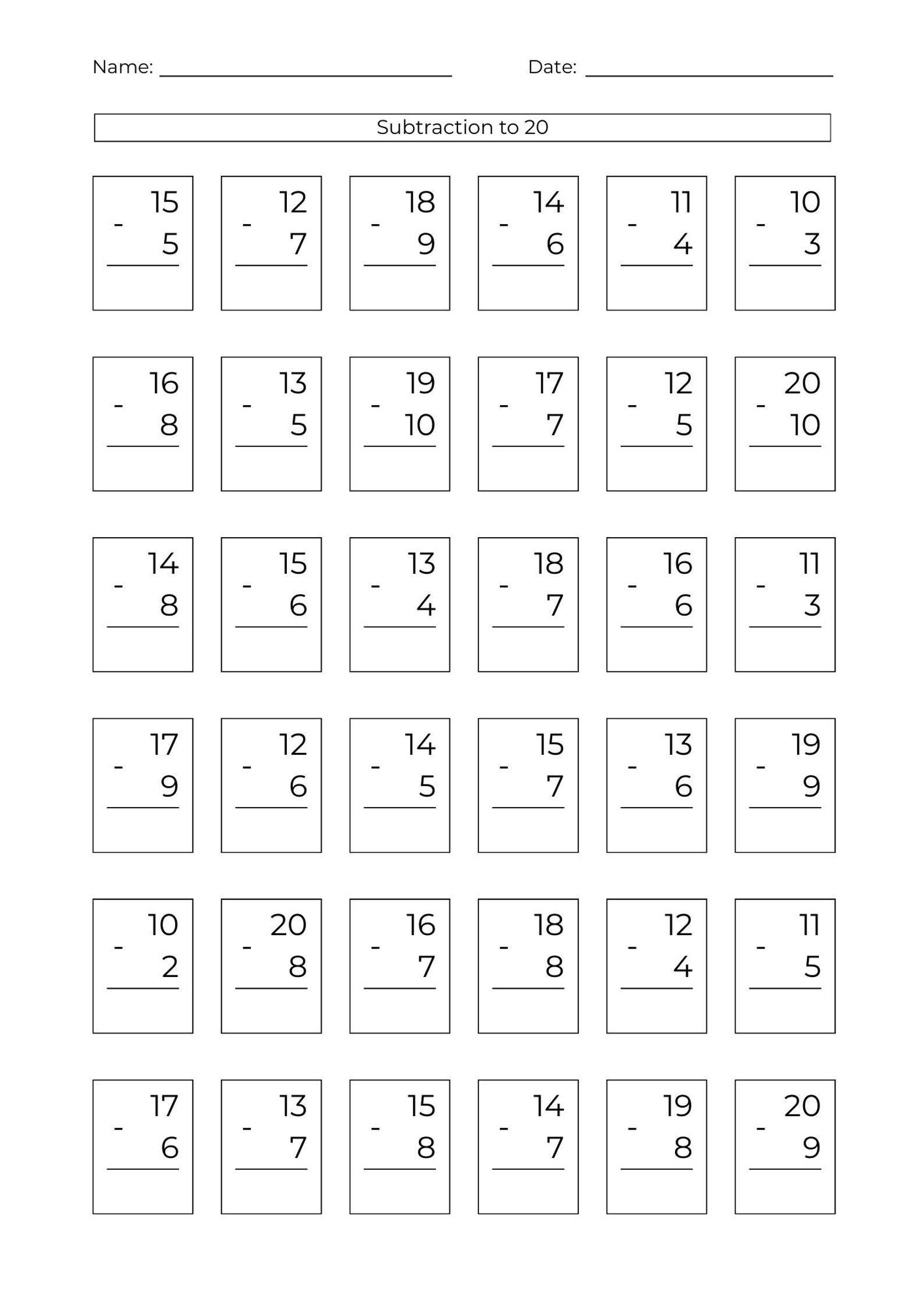 Addition and Subtraction Worksheets to 20 (PDF Download A4/US Letter ...