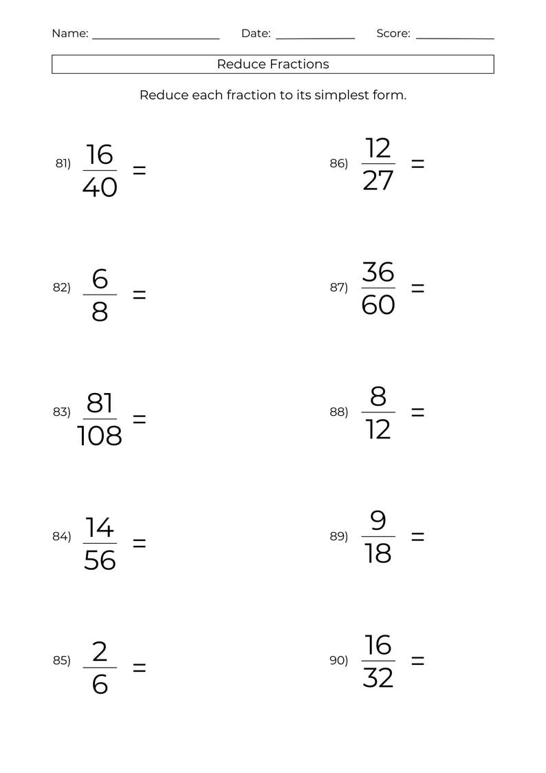 10 Printable Reduce Fractions Worksheets – Simplifying Fractions ...