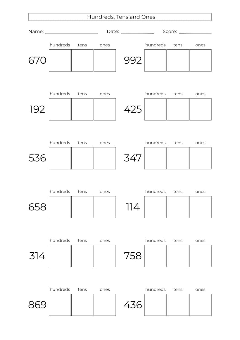 10 Printable Place Value Worksheets: Hundreds, Tens, Ones - 1st & 2nd ...