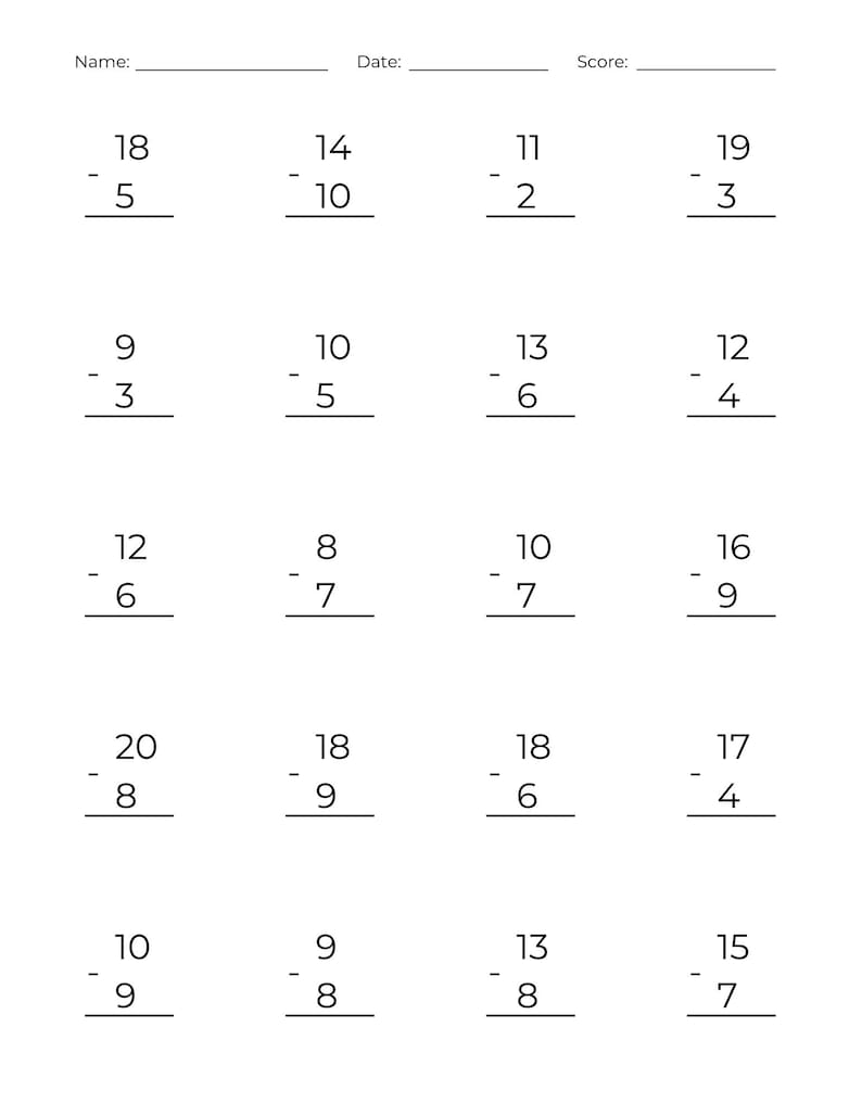 10 Printable Subtraction to 20 Worksheets: Column Drills, 1st Grade ...