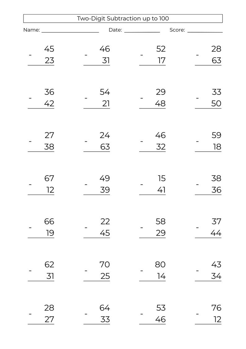 10 Printable Two Digit Subtraction Worksheets Subtraction to 100 Column ...